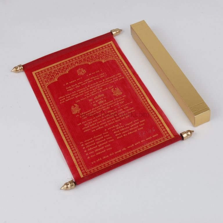 Marriage scroll invitations, Red Color scroll invitations Cards - Jimit ...