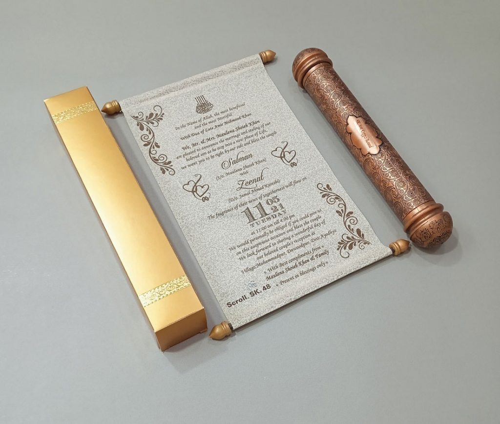 Royal & Exclusive Scroll Wedding Invitation Card In Wooly Paper Fabric | 48RPCPSK - Jimit Card