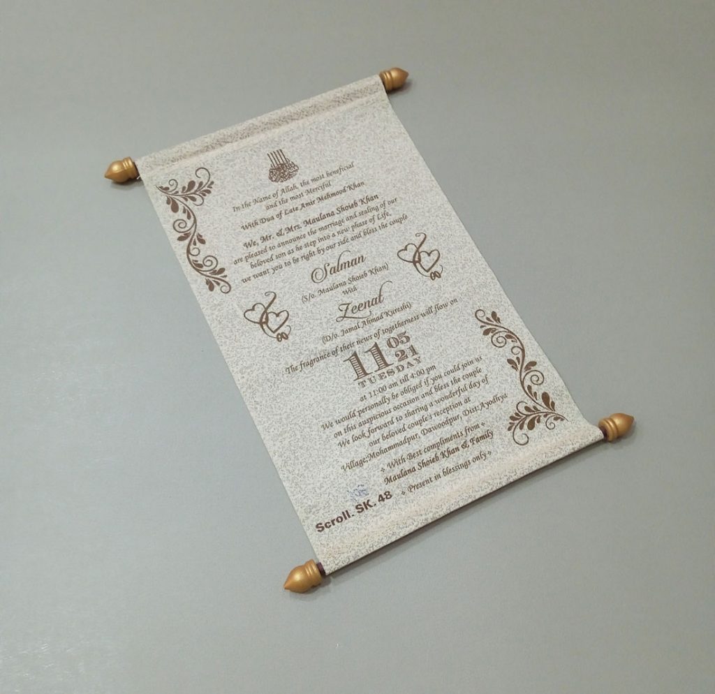 Royal & Exclusive Scroll Wedding Invitation Card In Wooly Paper Fabric ...