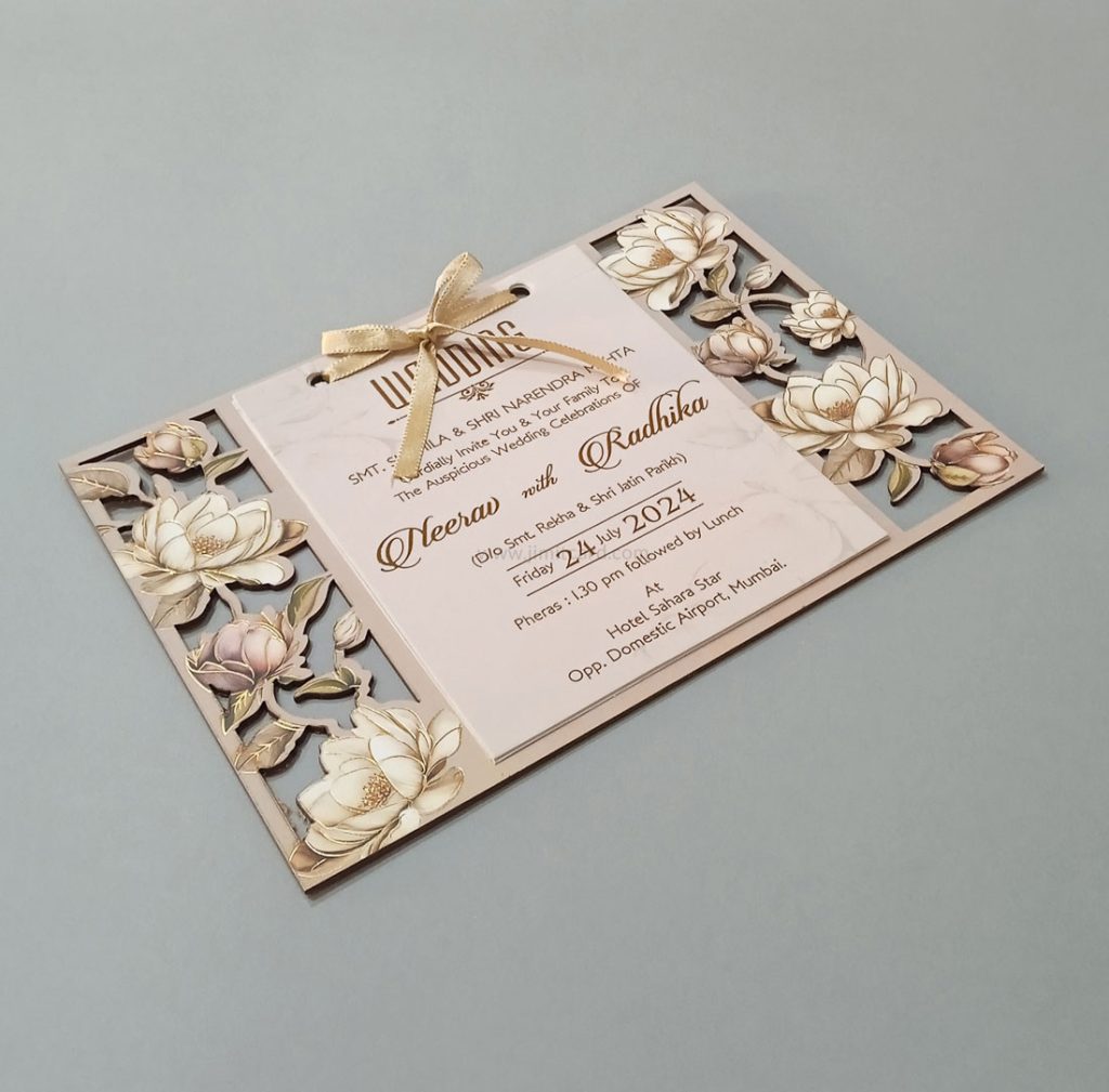 Laser Cut Wooden Invitation Card With Floral Pattern | 674RLX - Jimit Card