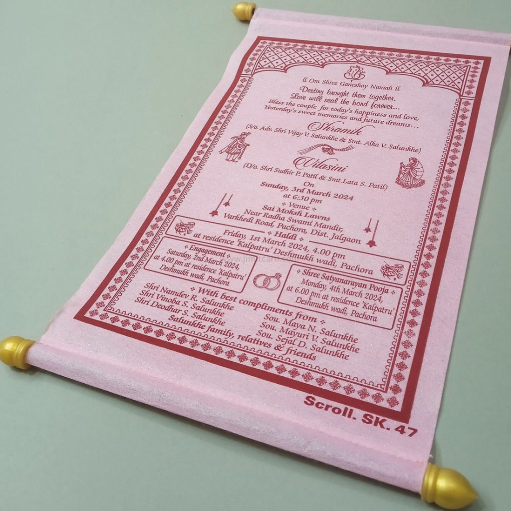 Rolling Style Invitation Card in Pink Wooly Paper | JIMIT CARD Mumbai